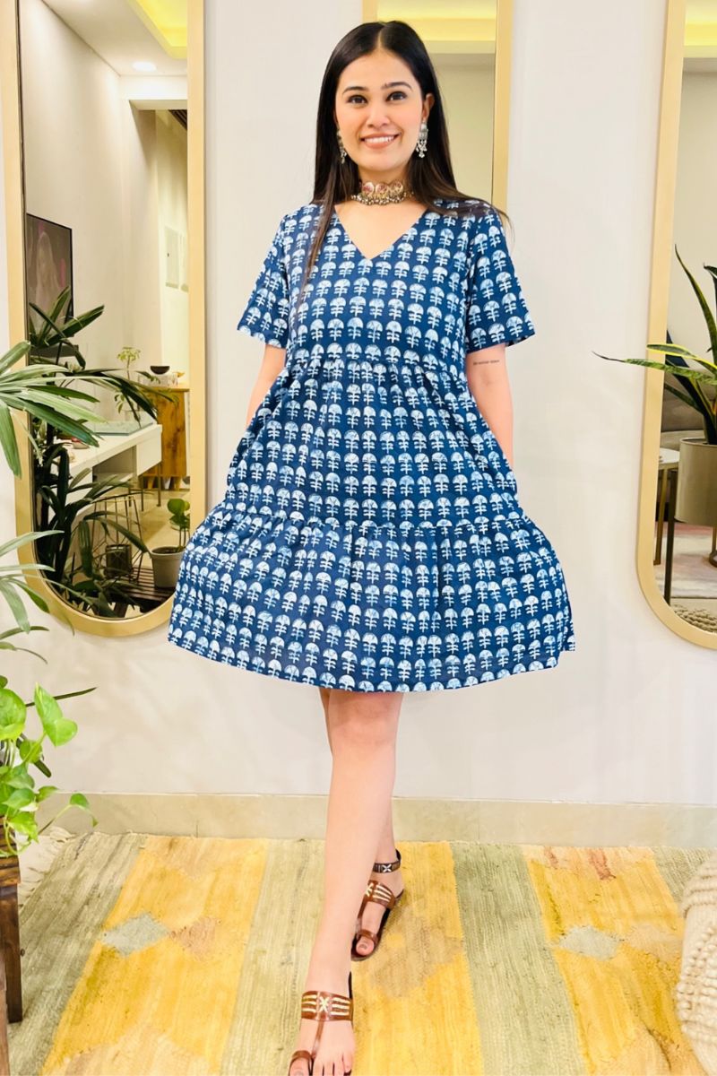 Indigo Block Print Flared Dress – Bohemian Dream
